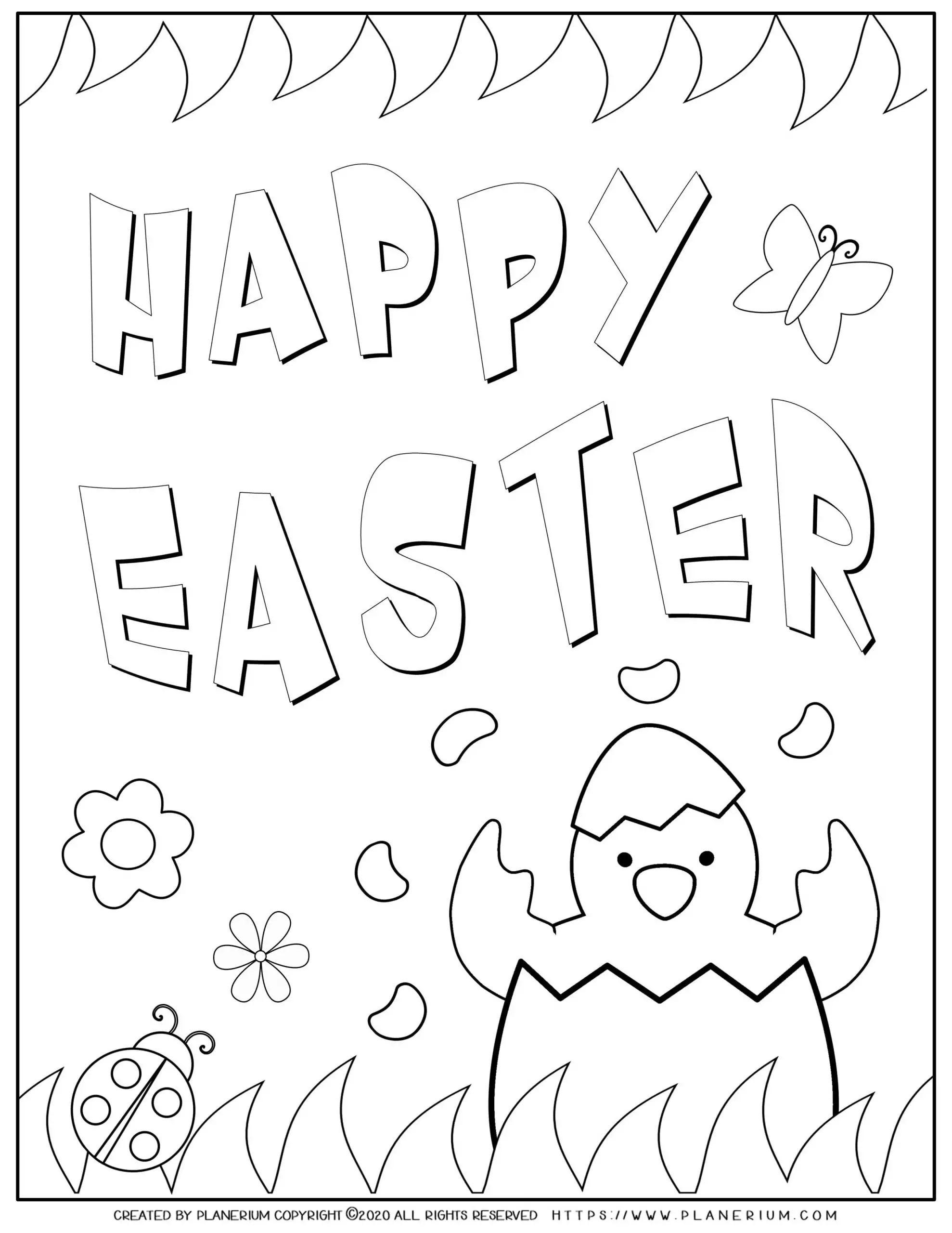 Happy Easter Sign Coloring Page for Elementary Fine Motor Skills