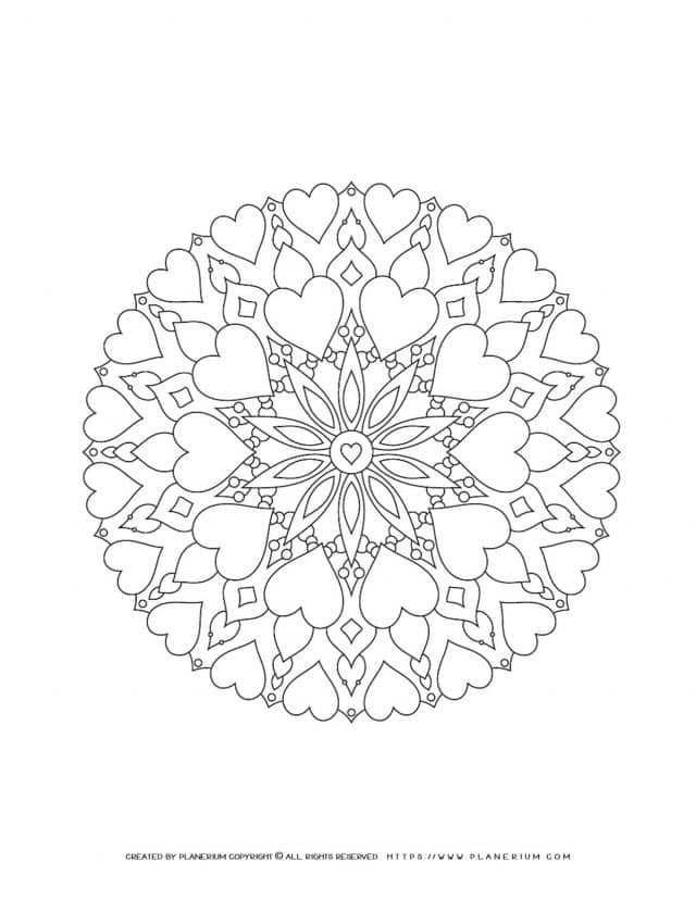 Coloring Page - Hearts Flower Mandala | Planerium