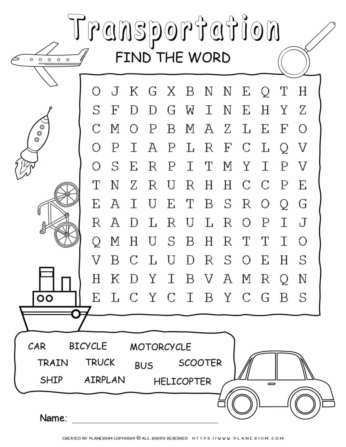 Transportation Word Search Puzzle with Ten Words | Planerium