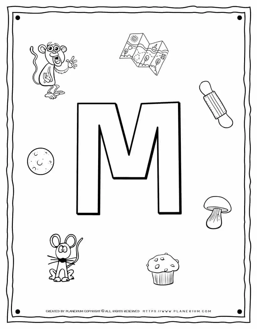 English Alphabet - Things Starting With M - Coloring Page | Planerium