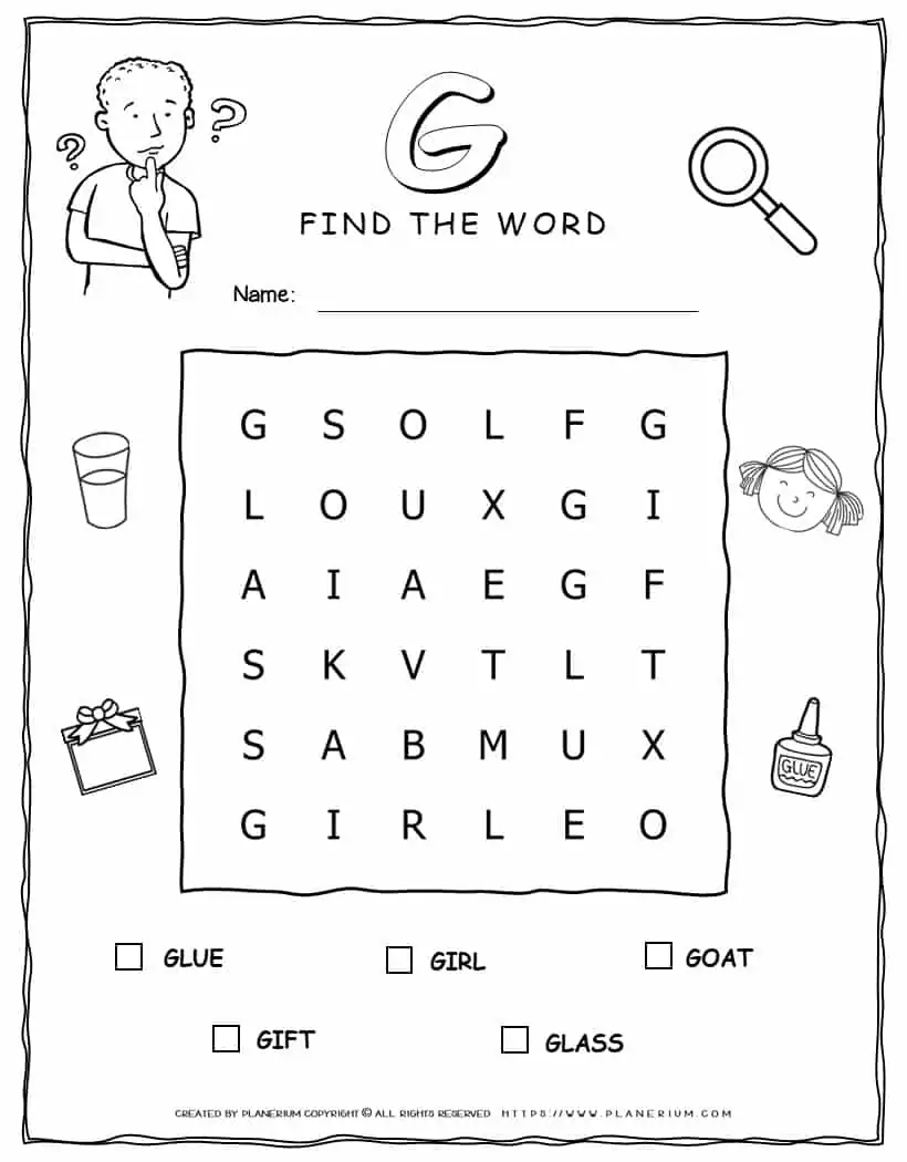 Word Search - Words That Start with G - Five Words | Planerium