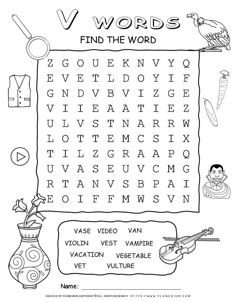 Word Search Puzzle Words That Start With V Ten Words Planerium