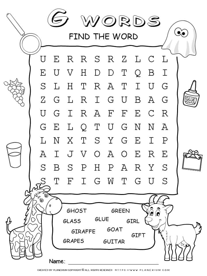 Word Search Puzzle - Words That Start With G - Ten Words | Planerium