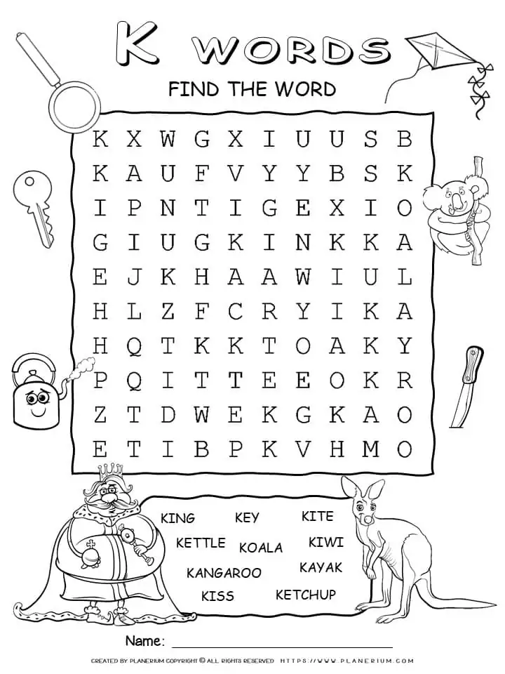 Word Search Puzzle - Words That Start With K - Ten Words | Planerium