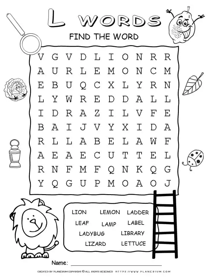 Word Search Puzzle - Words That Start With L - Ten Words | Planerium