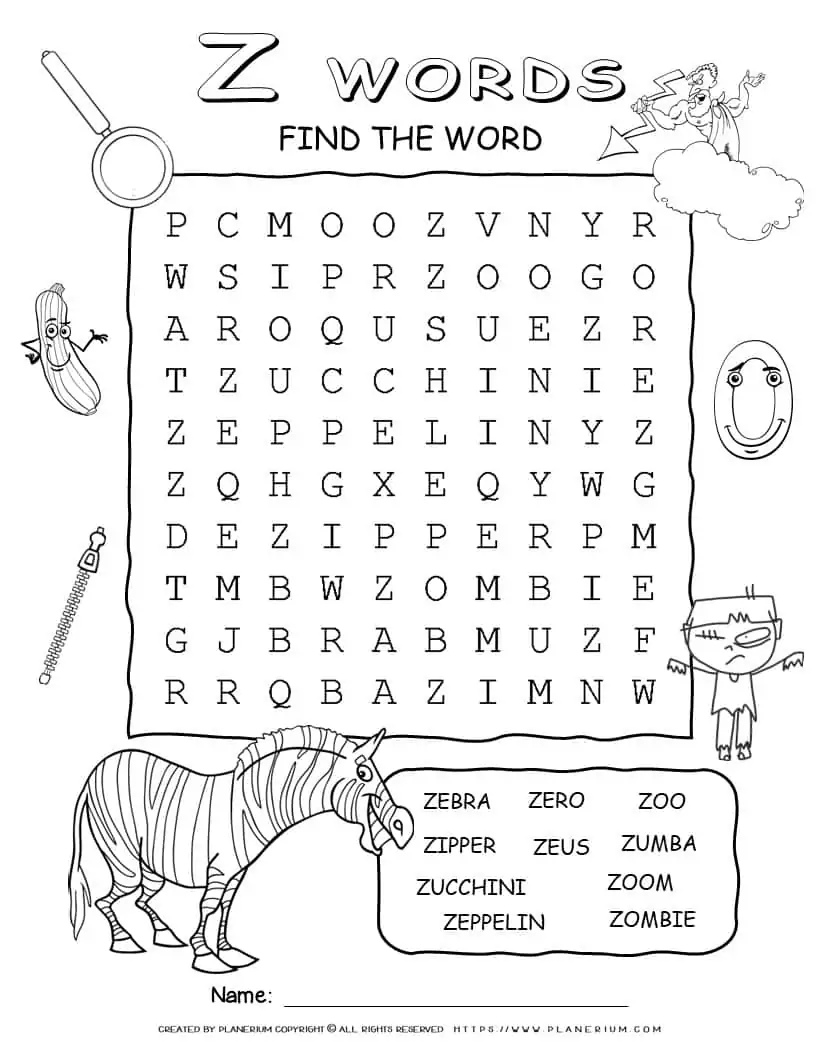 Word Search Puzzle - Words That Start With Z - Ten Words | Planerium