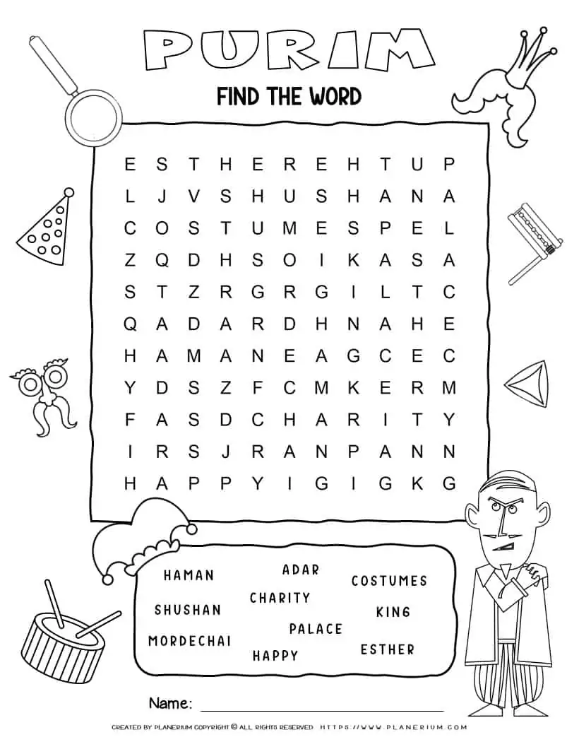 Purim Word Search with Ten Words | Planerium