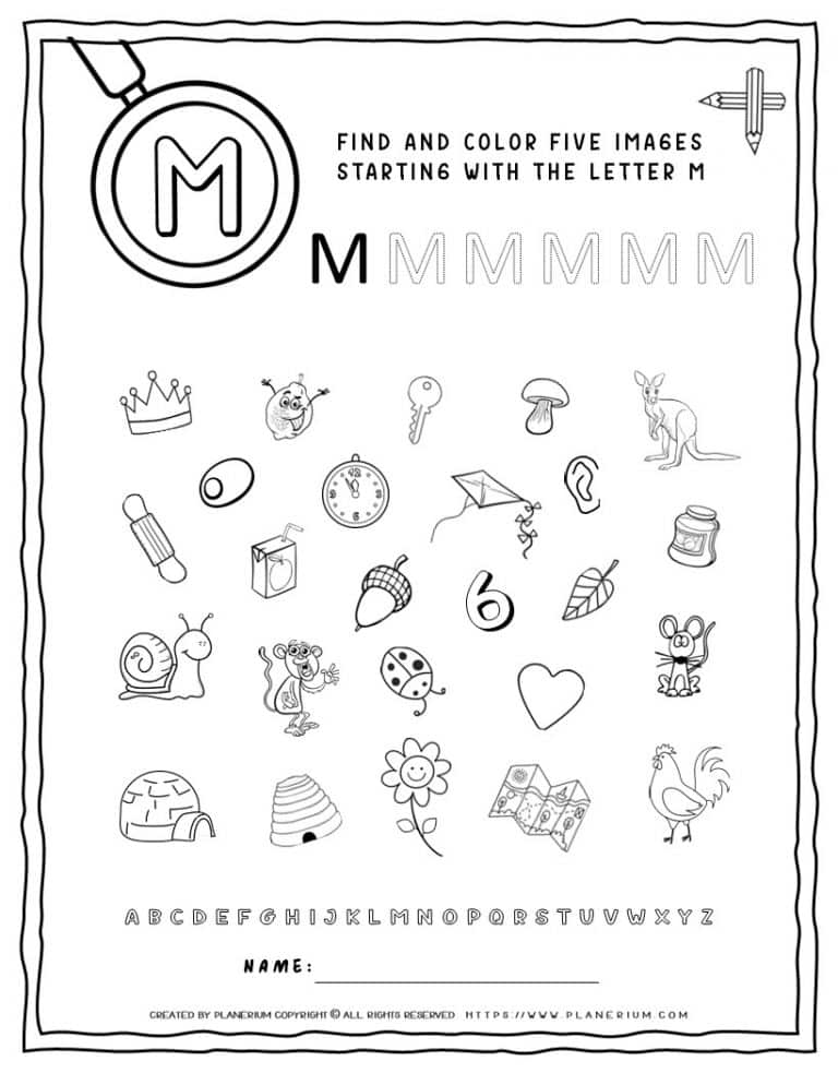 English Alphabet - Capital M with Pattern - Coloring Page | Planerium