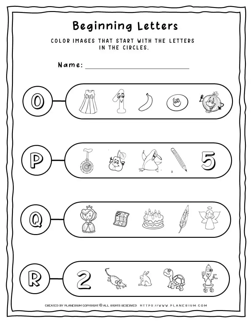 English Alphabet Beginning Sounds Worksheet with O, P, Q, R