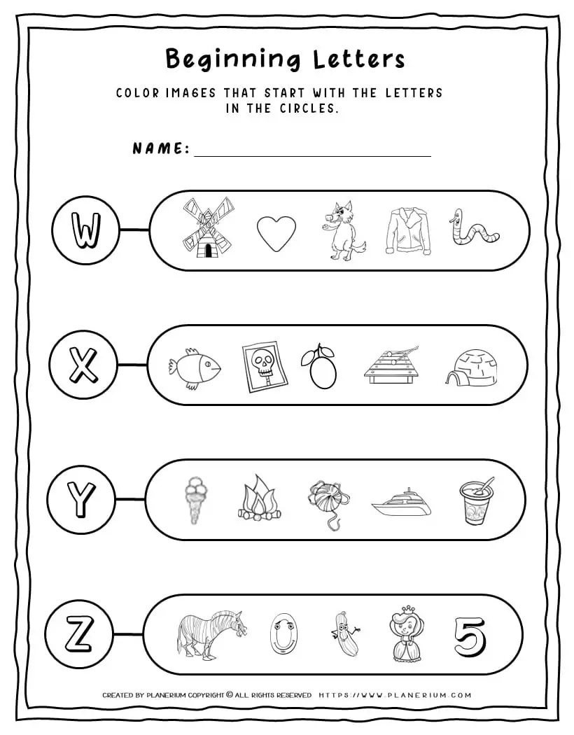 English Alphabet Beginning Sounds Worksheet with Coloring Activity for ...