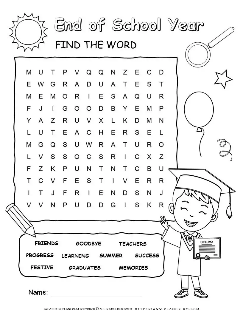Exciting End of School Year Word Search Puzzle for Kids - 10 Words