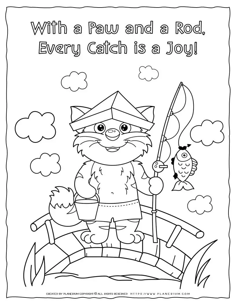 Fishing Coloring Page: Cat with Fishing Rod, Creative Activity for Kids