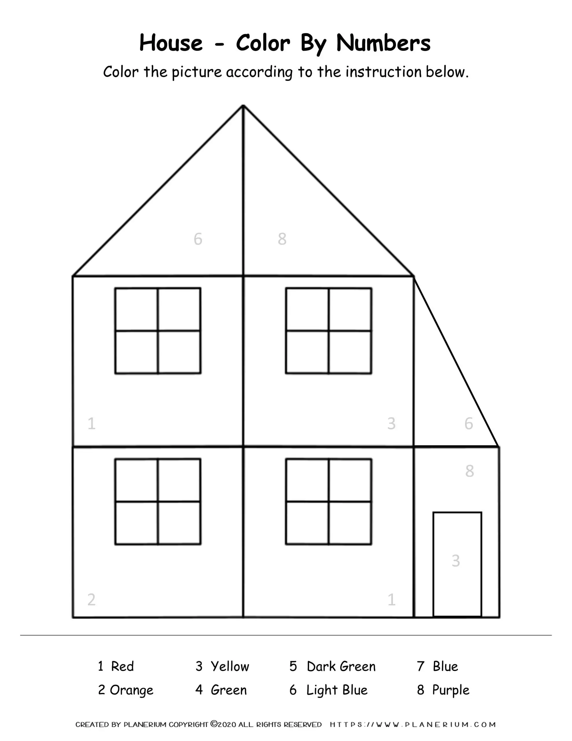 House Color by Number Worksheet - Educational Learning Activity - Planerium