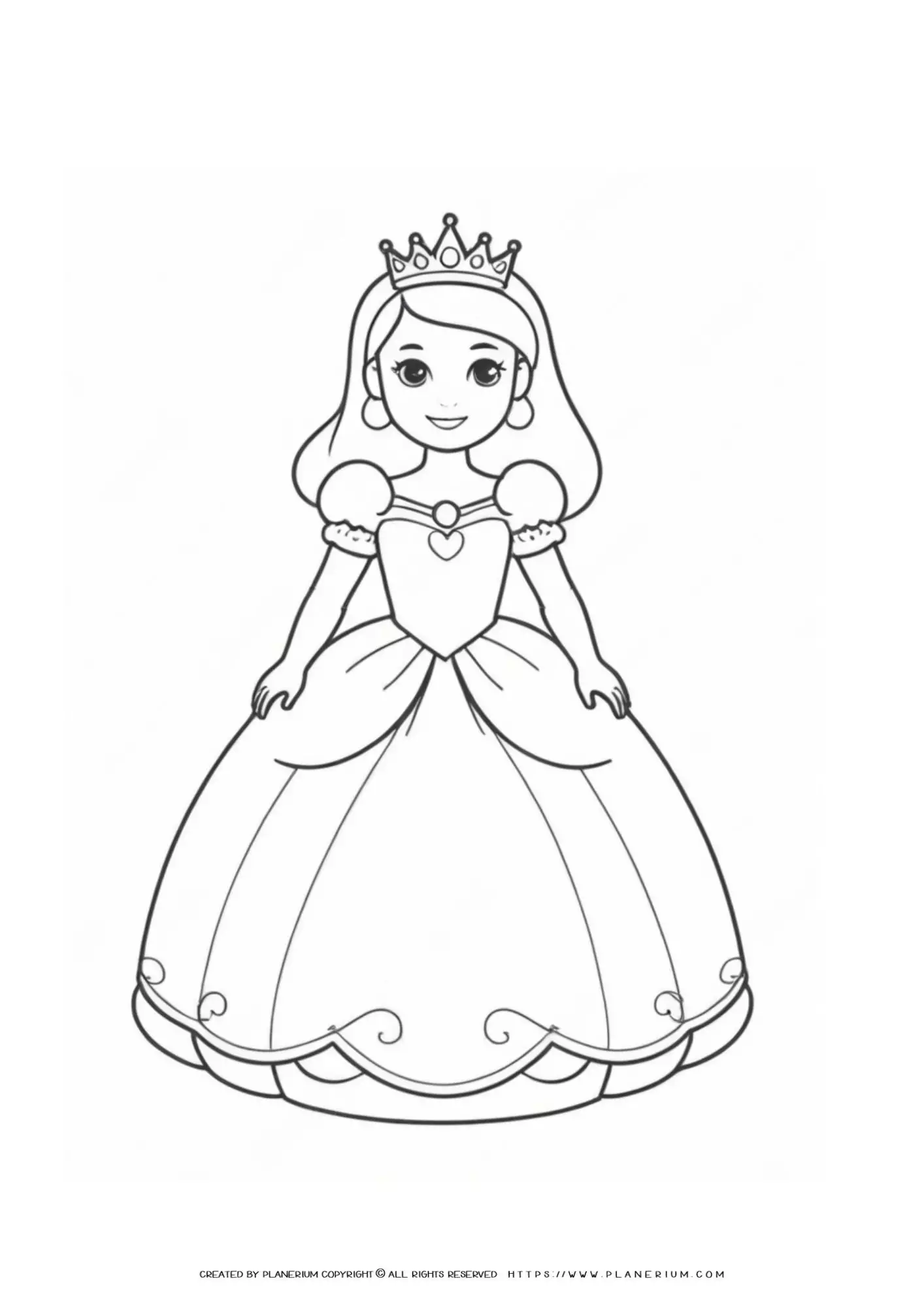 Printable Royal Princess Coloring Page for Kids with Crown and Dress Design