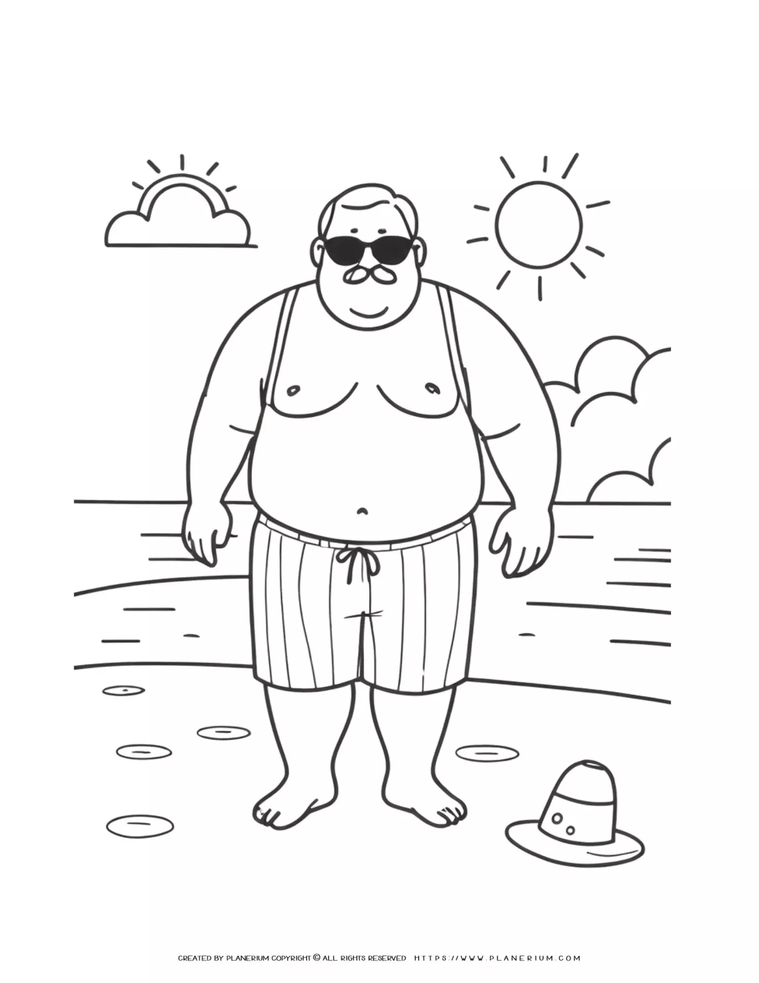 Fun Beach Adventure: Diversity-Inspiring Man in Swimming Suit Coloring Page