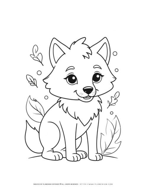 Wolf with Leaves Coloring Page for Kids - Outdoor Fun Activity