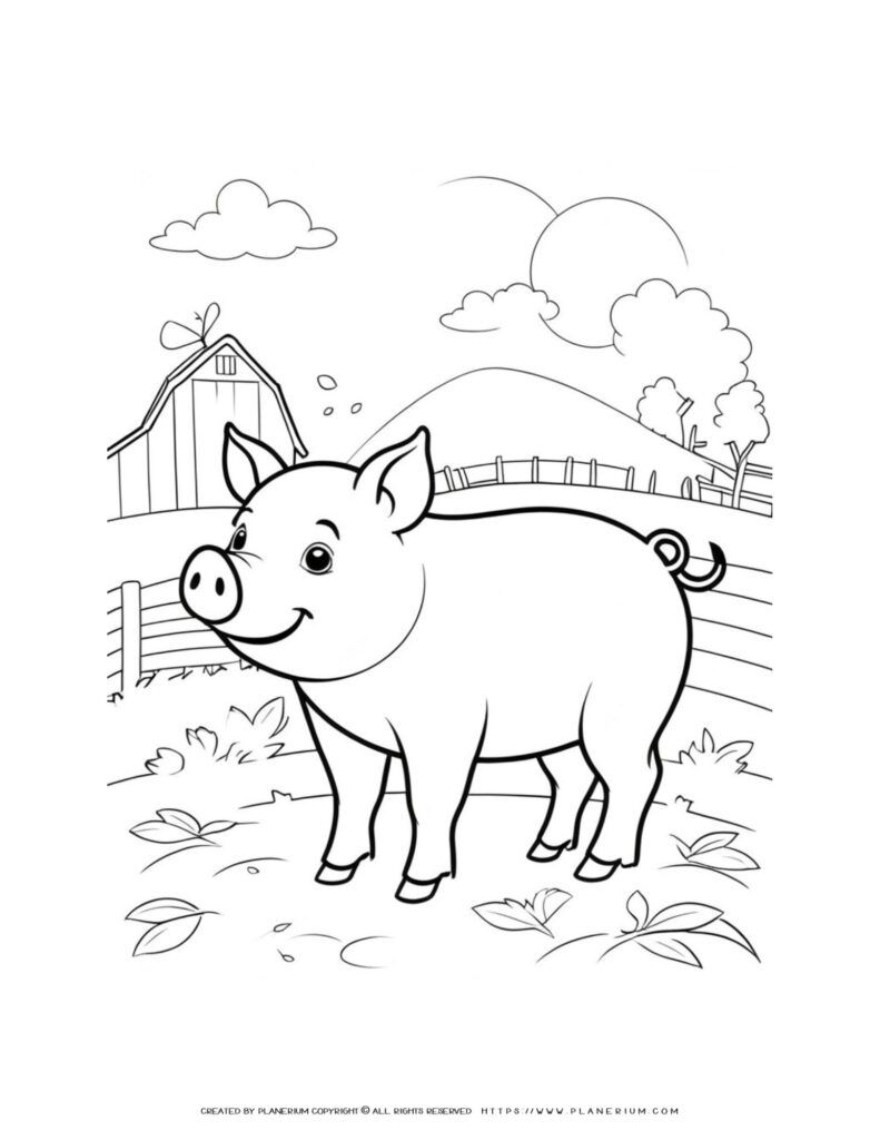 Farm coloring page for kids featuring a cute pig seen from the side