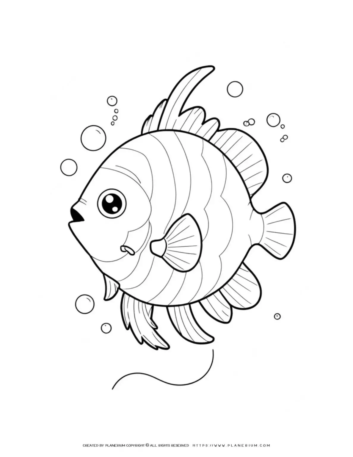 Cartoon Fish Coloring Page with Bubbles - Fun Kids Activity