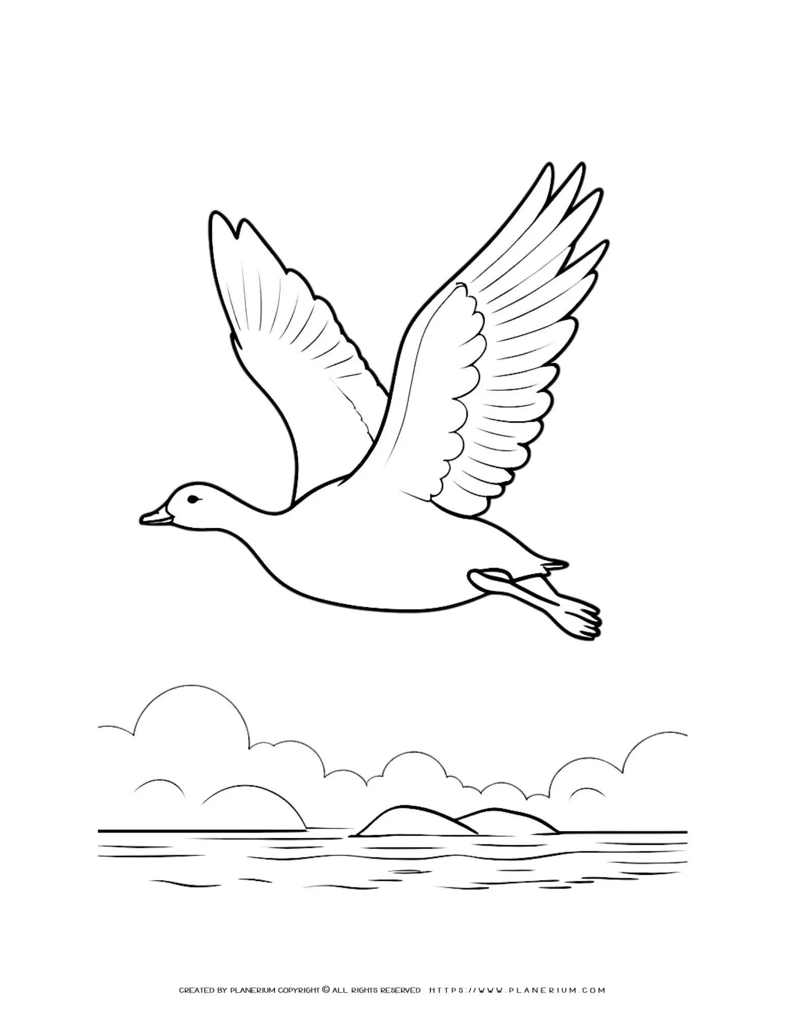 Coloring Page of a Majestic Flying Goose in the Sky for Relaxation and ...