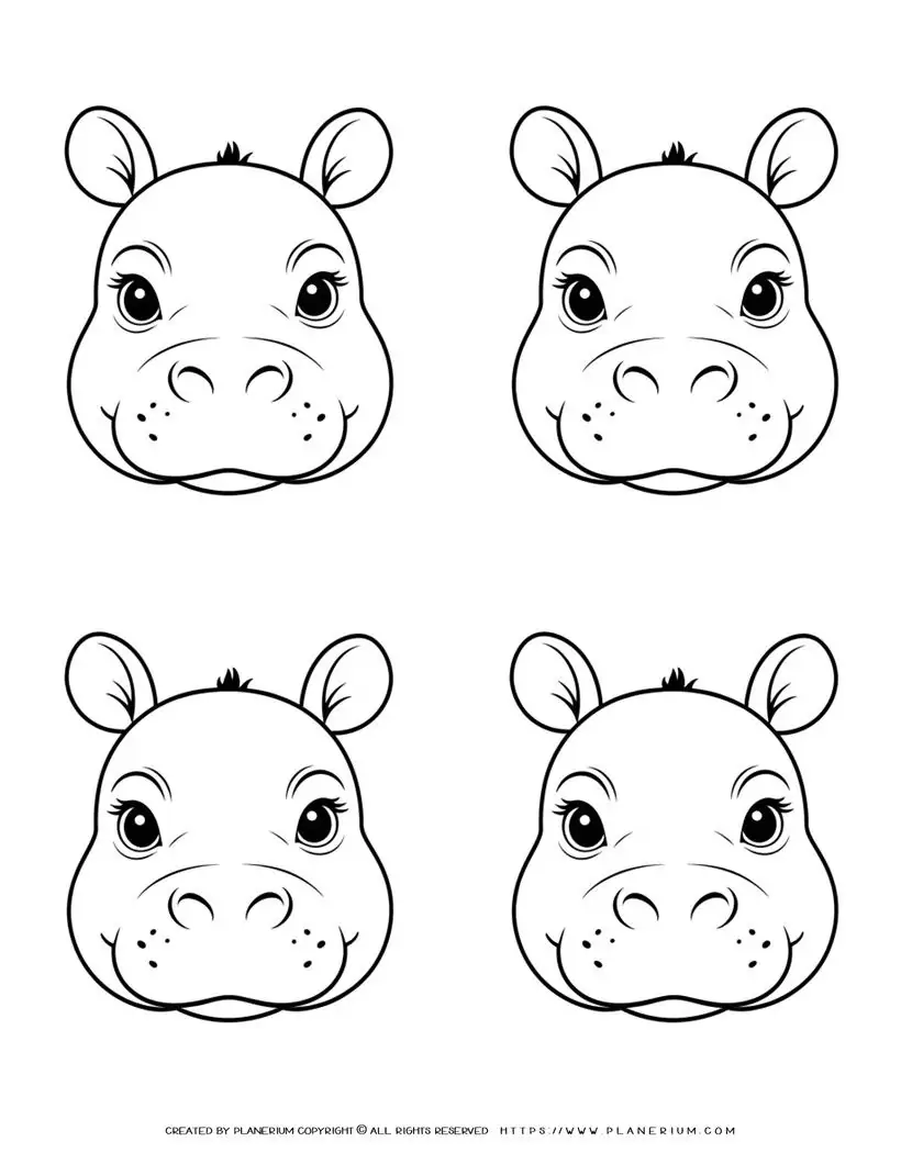 Four Hippo Face Outlines Illustration Free Printable