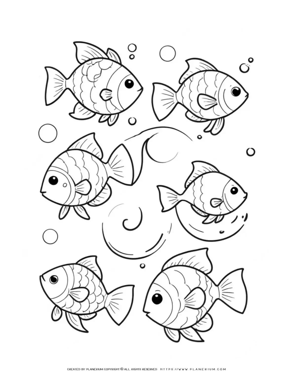 Underwater Adventure with Six Black-and-White Fish Coloring Page