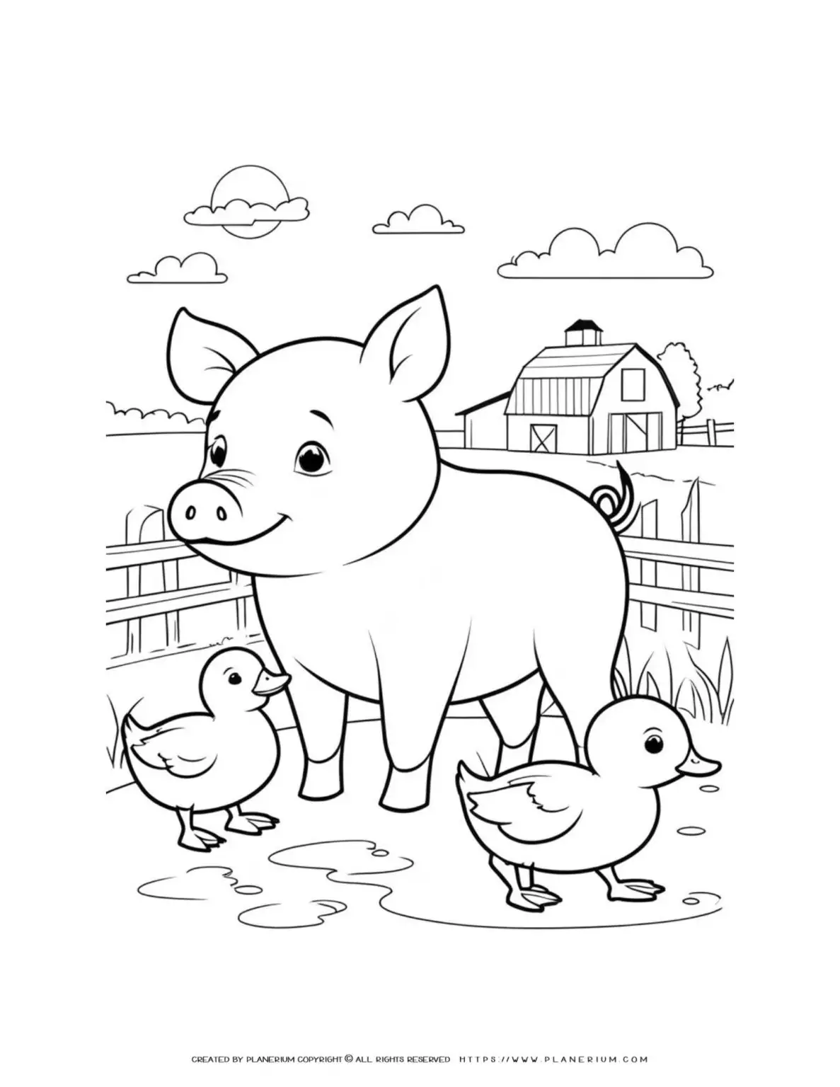Cute Farm Animals Coloring Page for Children - Featuring a Pig and Two ...