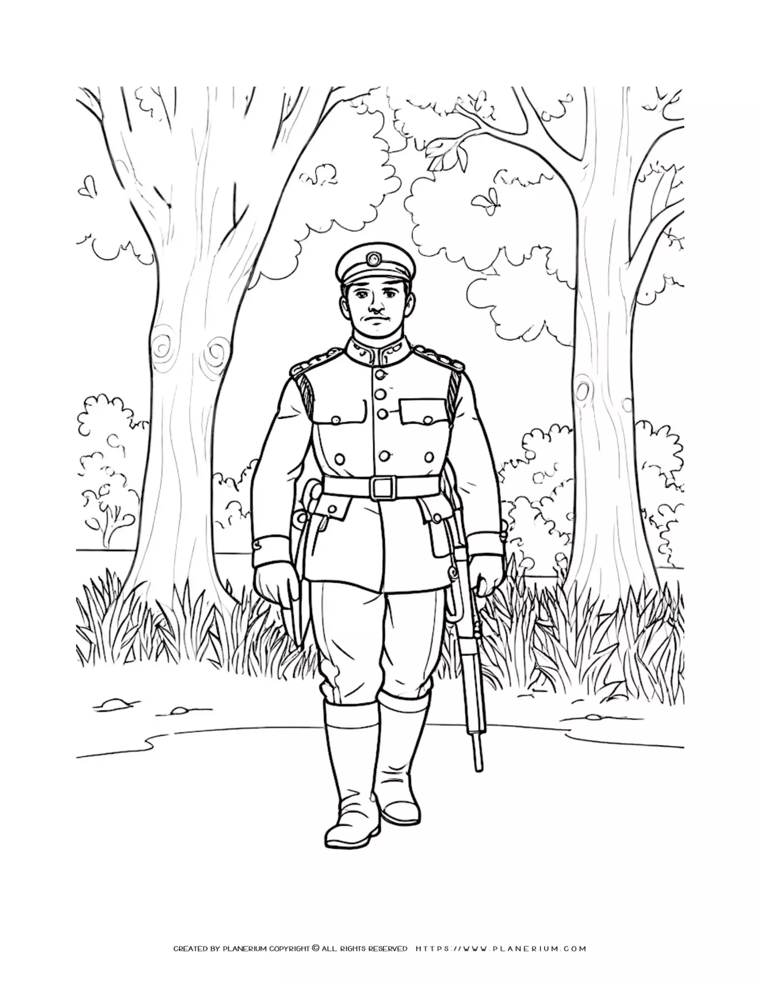 Army Officer Military Uniform Coloring Sheet - Woodland Scene