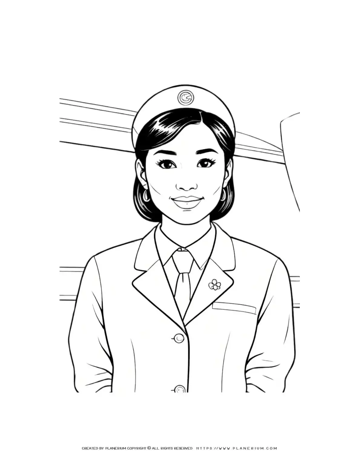 Asian Flight Attendant Coloring Page - Front View Inside Airplane