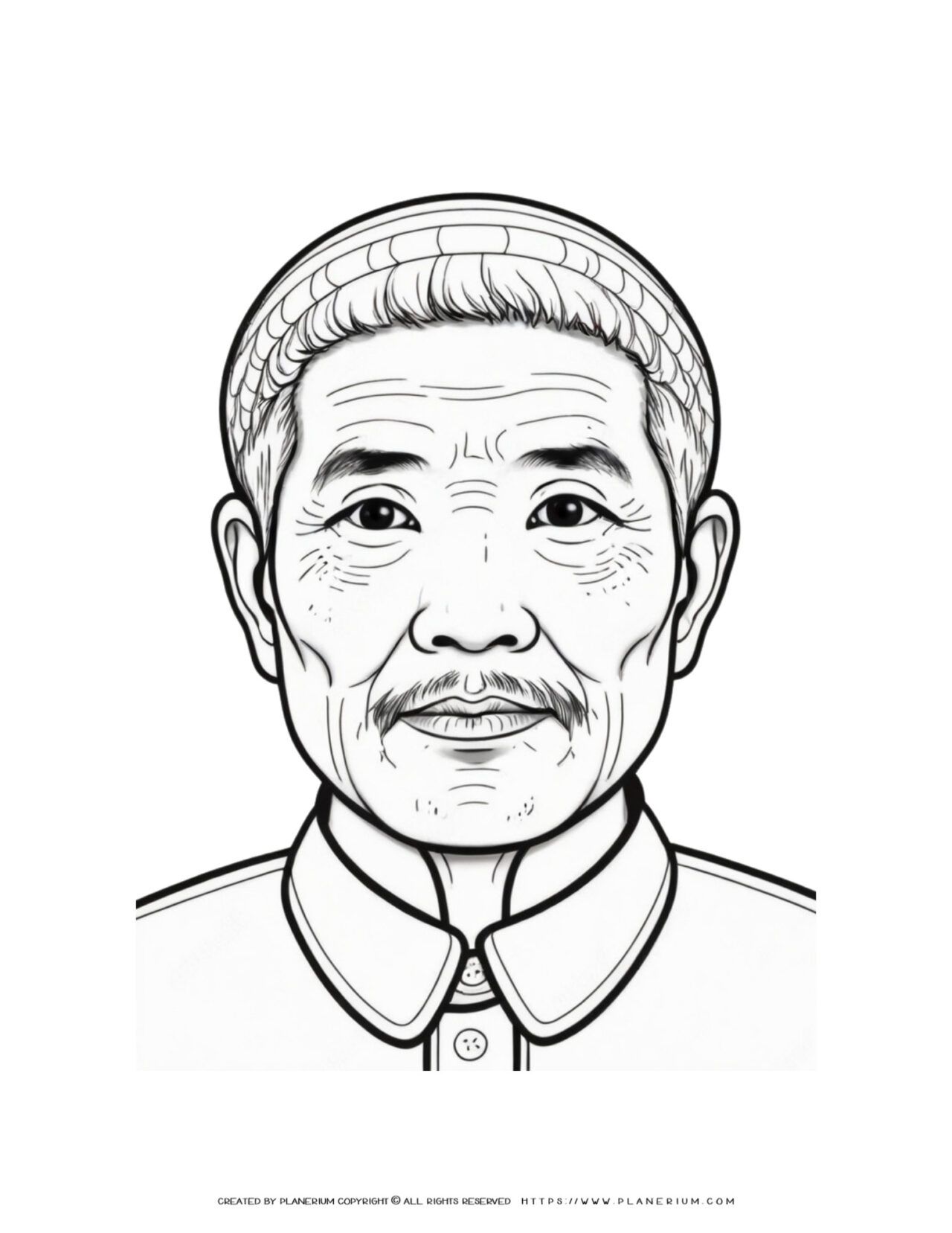Asian Old Male Portrait Coloring Page - Front View | Adult Man Drawing