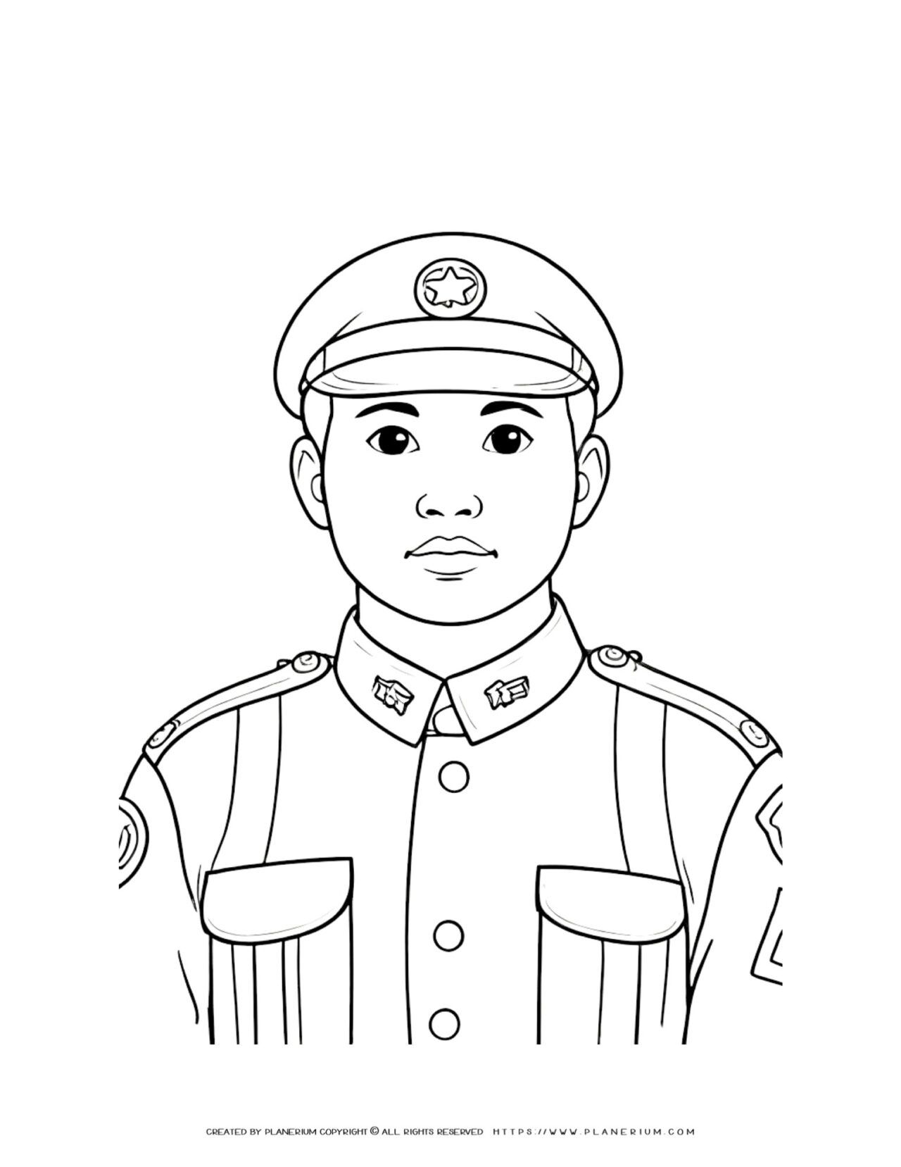 Asian Soldier Portrait Coloring Page - Front View Illustration