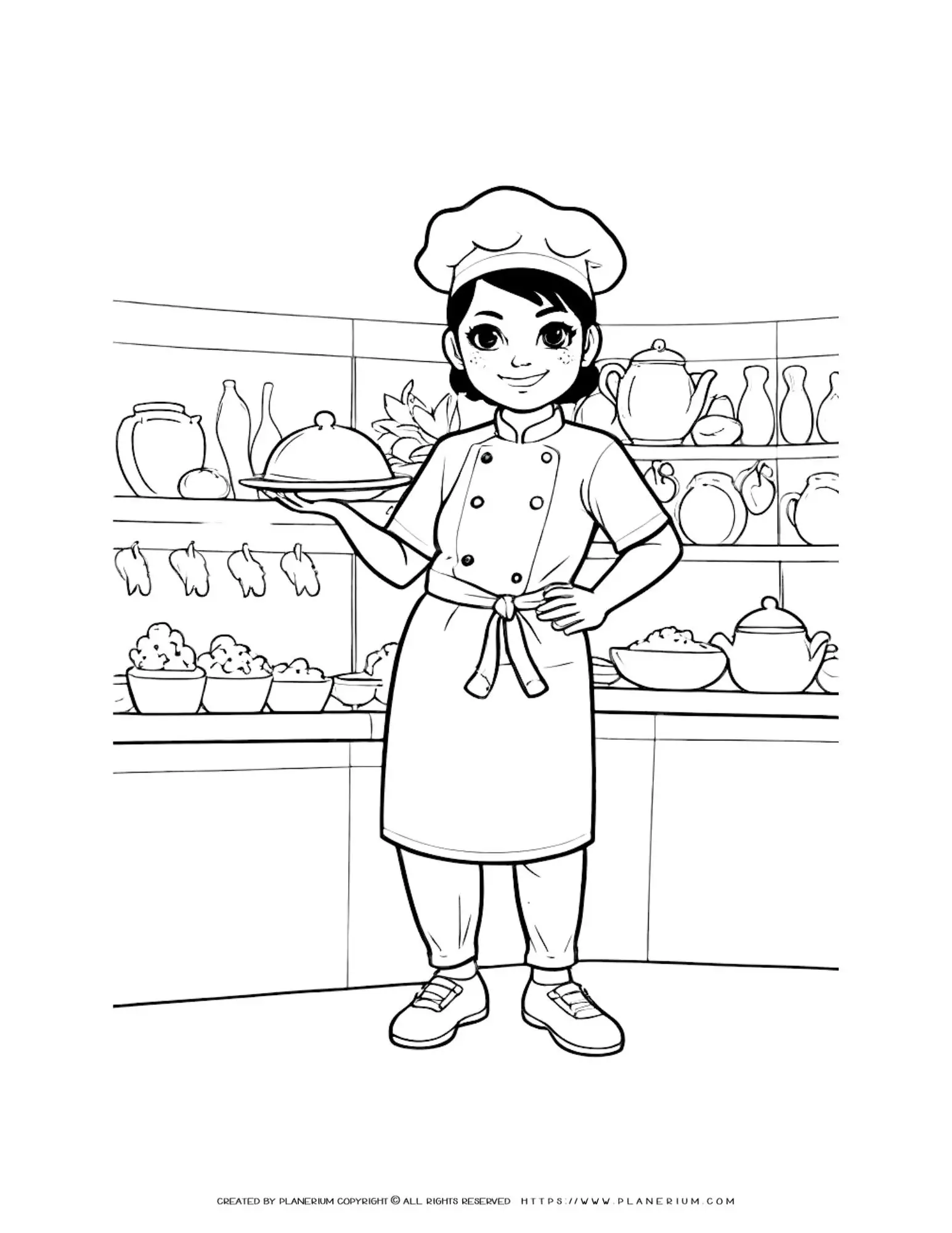 Creative Coloring Page: Chef Woman in Kitchen Fun
