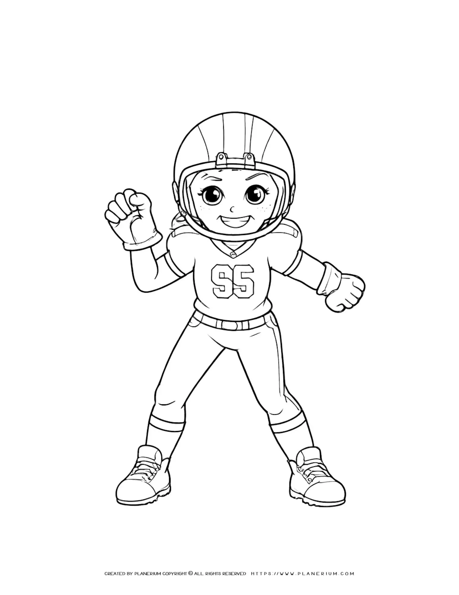 Coloring Page: Comic Football Girl Player with Helmet - Full Body