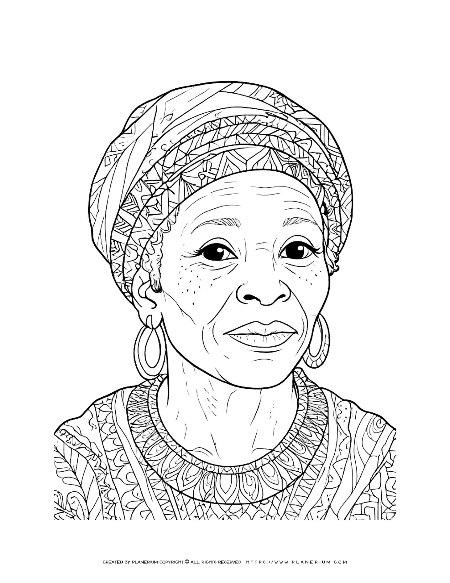 Black Old Woman Face Portrait Coloring Page | Adult Coloring Book