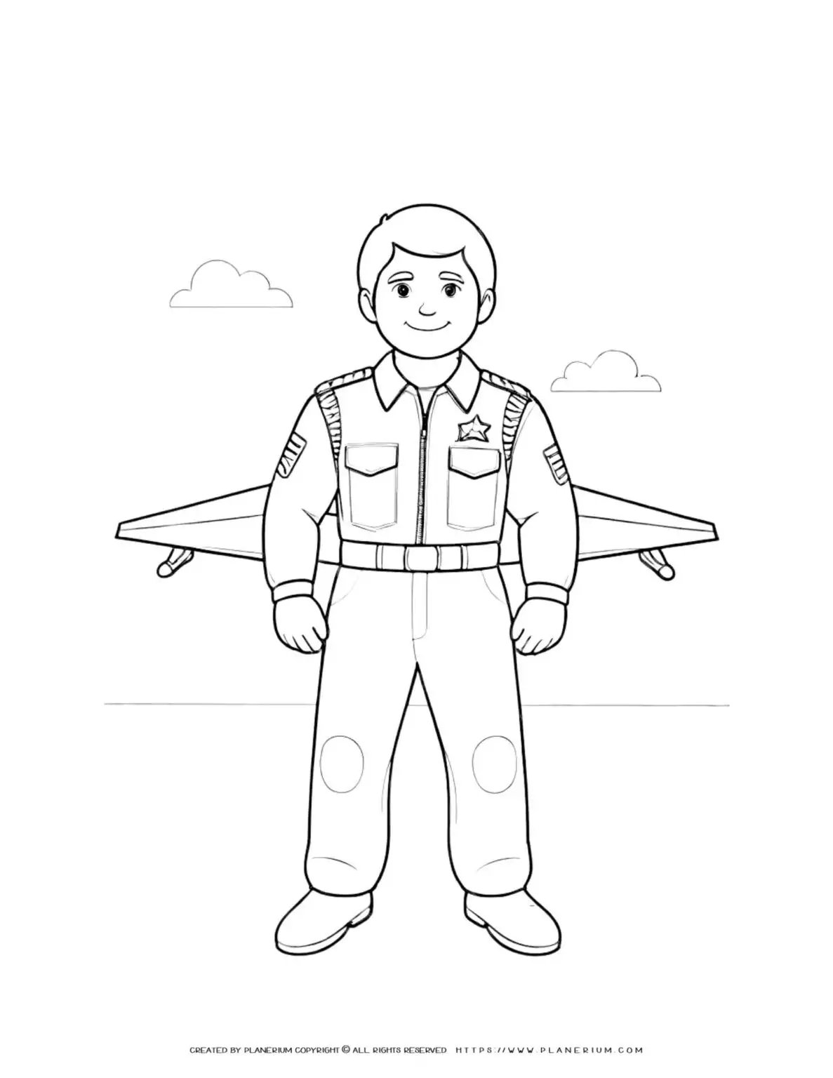 Comic Pilot Figure Coloring Page with Airplane Wings | Fun Aviation Art