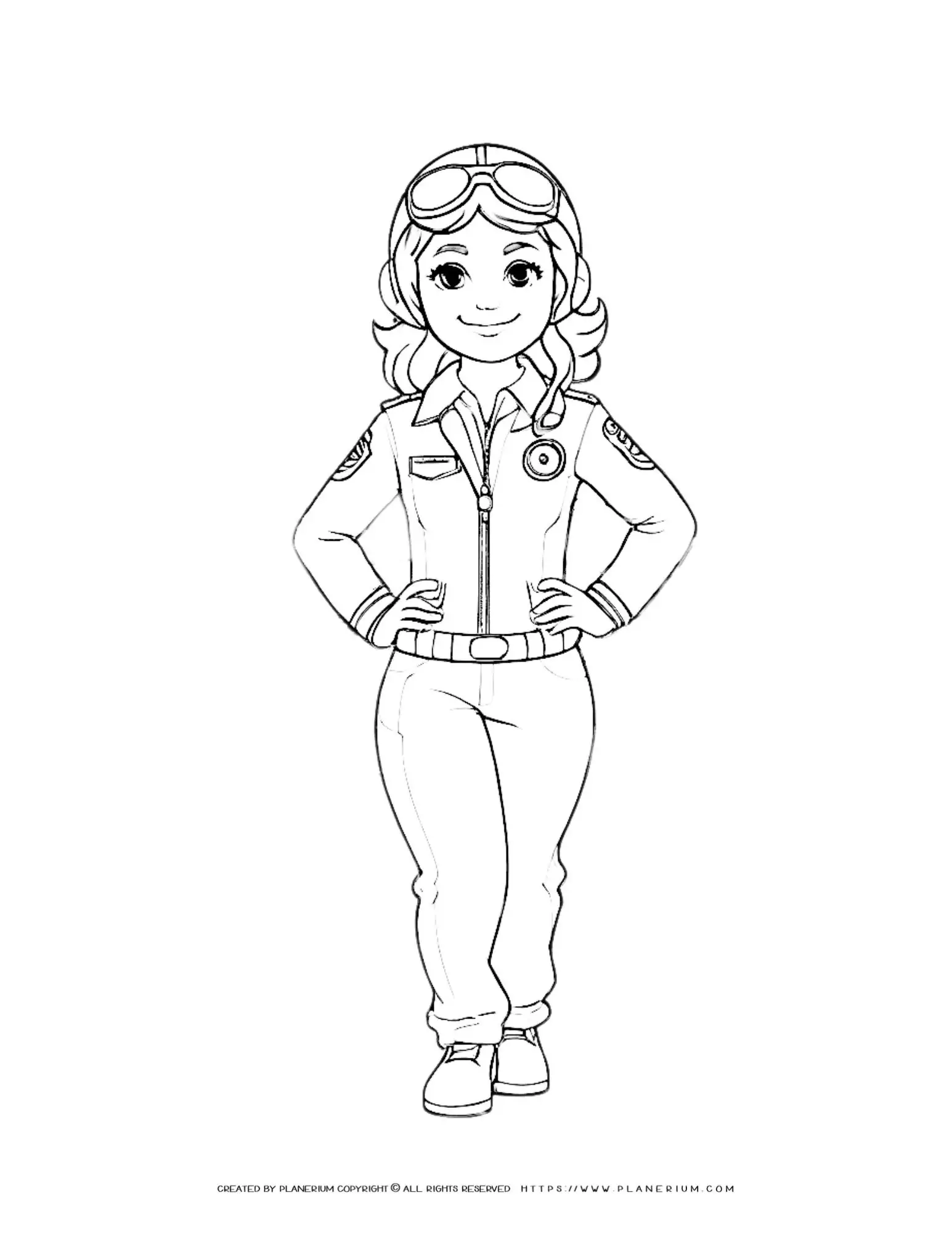 Female Pilot Full Uniform Comic Style Coloring Page