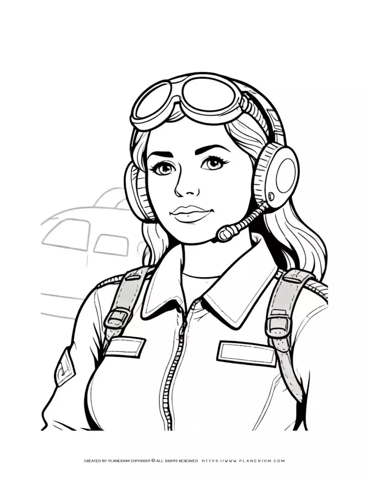 Woman Pilot Portrait Comic Style Coloring Sheet - Fun and Unique Design