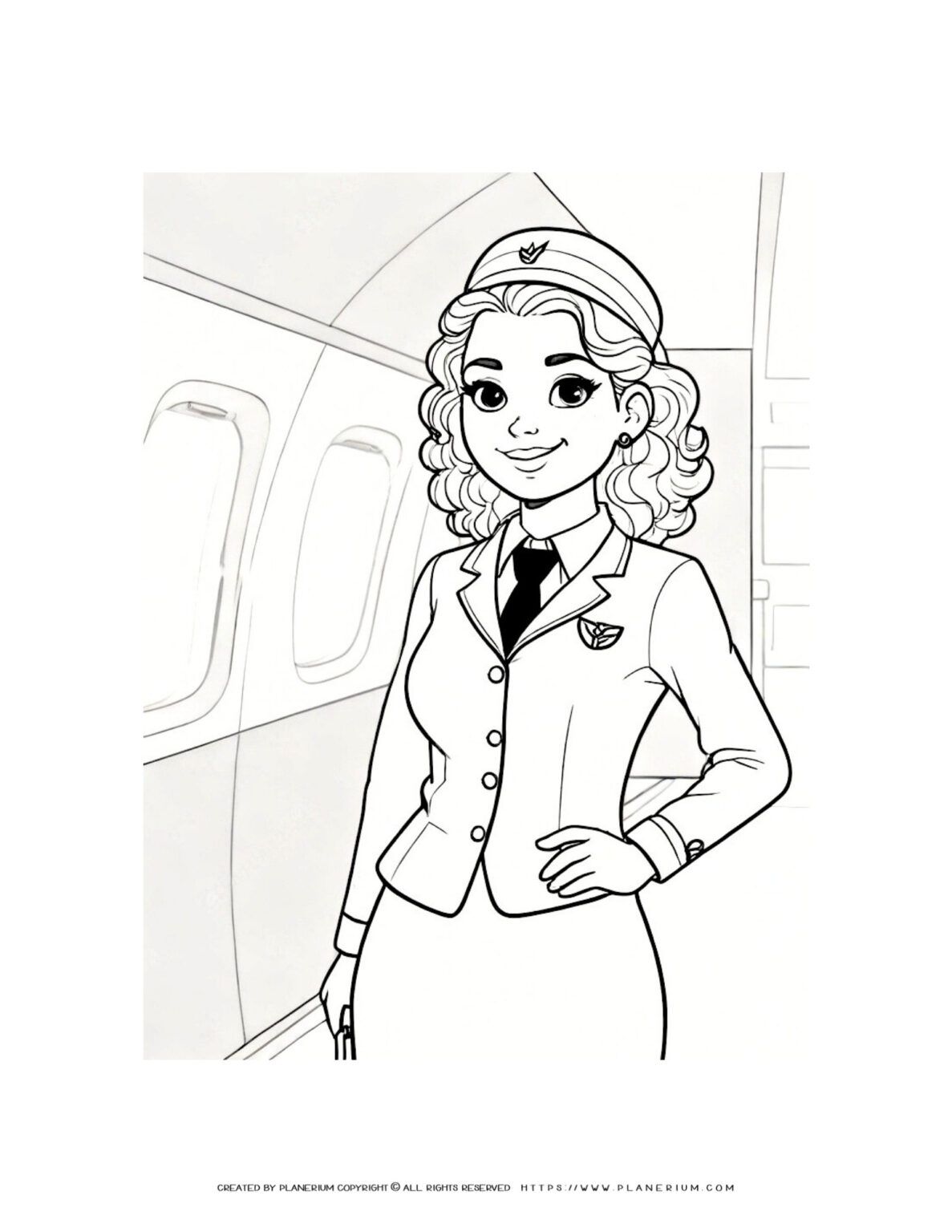 Female Flight Attendant Coloring Sheet - Curly Hair, Airplane Scene