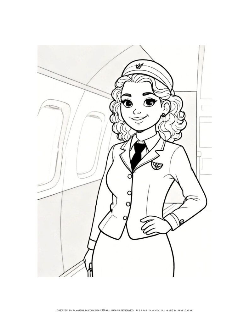 Female Flight Attendant Coloring Sheet - Curly Hair, Airplane Scene