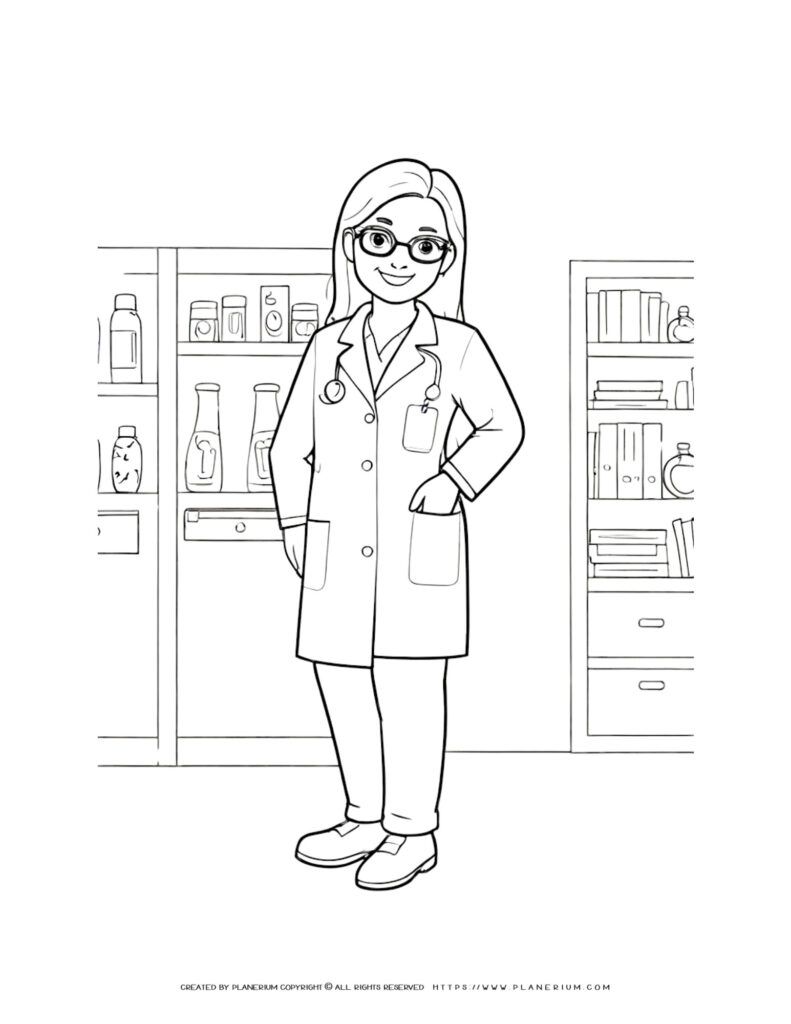 Woman Doctor with Glasses Standing Coloring Page - Medical Professional ...