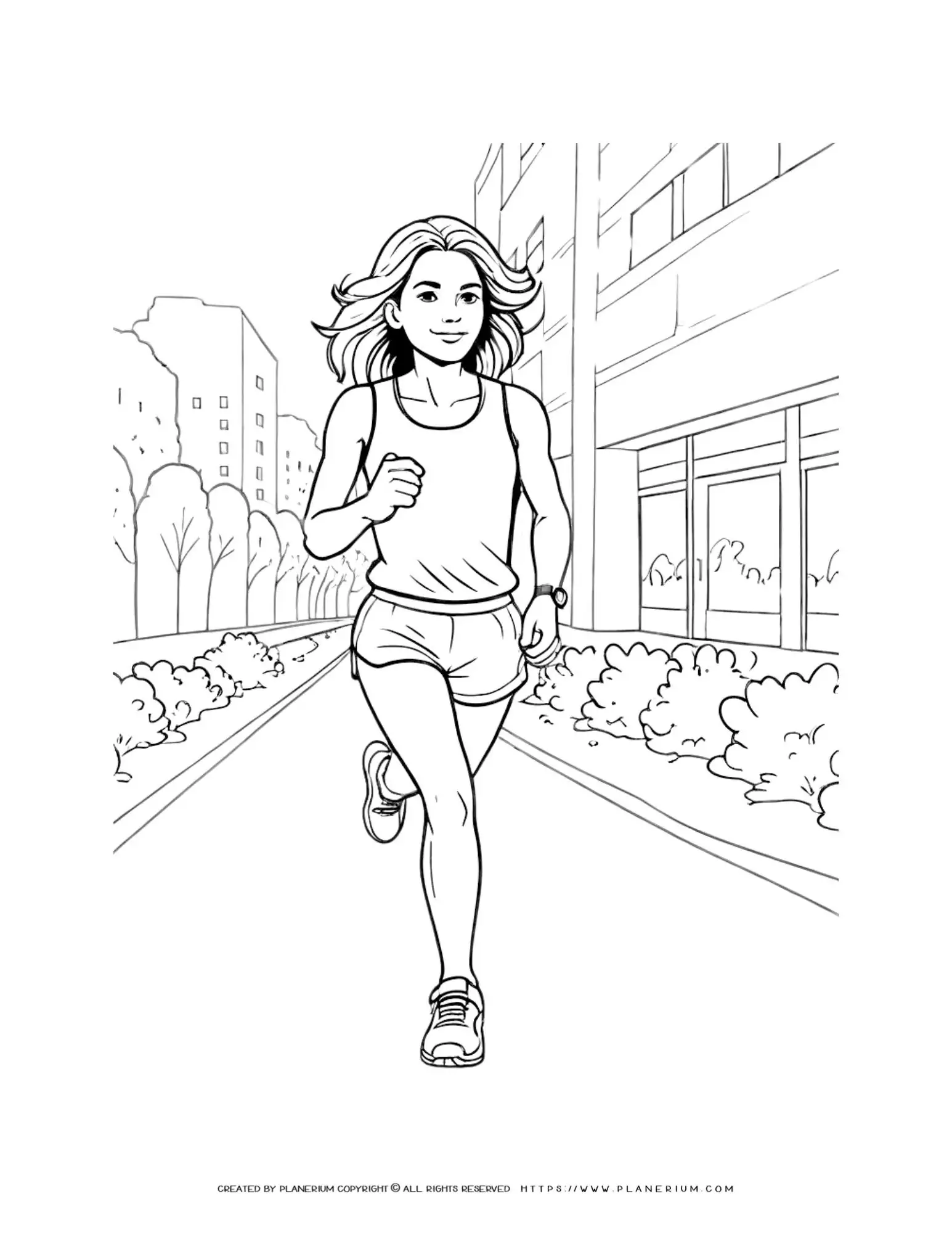 Coloring Page: Female Running in the City for All Ages