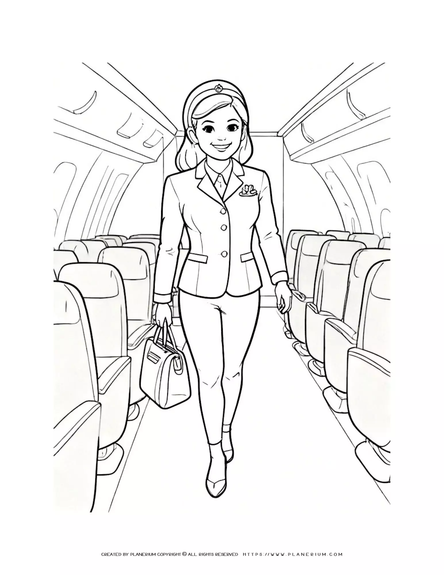 Flight Attendant Walking with Bag Inside Airplane Coloring Page
