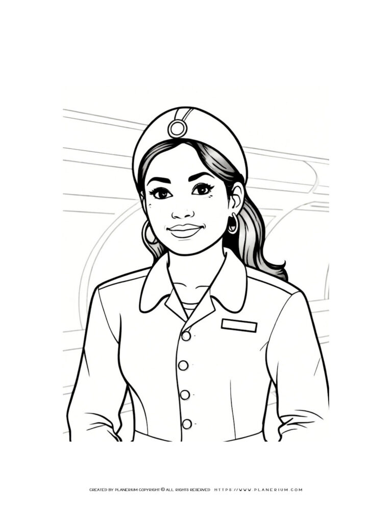 Flight Attendant with Long Hair Coloring Page - Inside Airplane Portrait