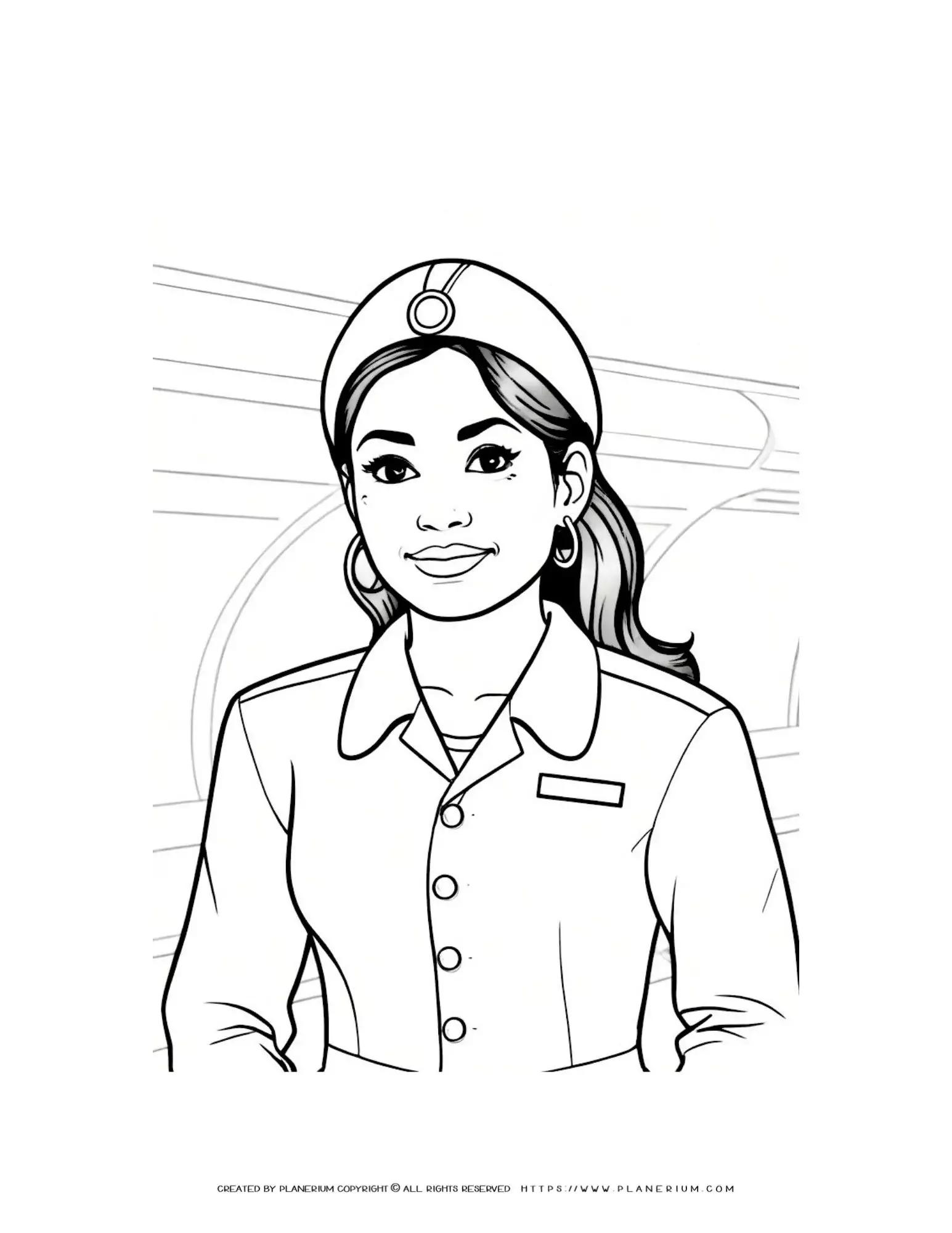 Flight Attendant with Long Hair Coloring Page - Inside Airplane Portrait