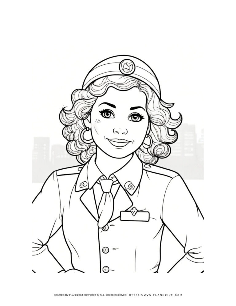Flight Attendant Woman with Curly Hair Coloring Page - Comic Style