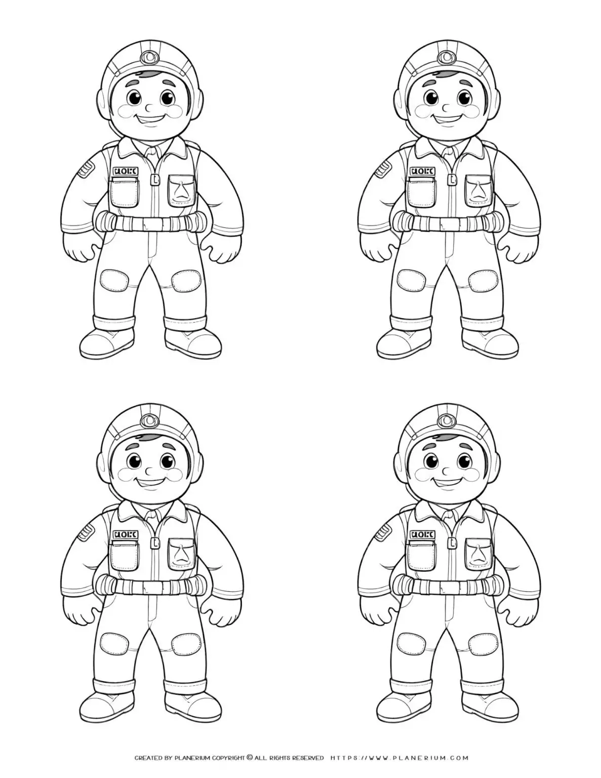 4 Identical Comic Pilots Coloring Page - Full Suit Outlines
