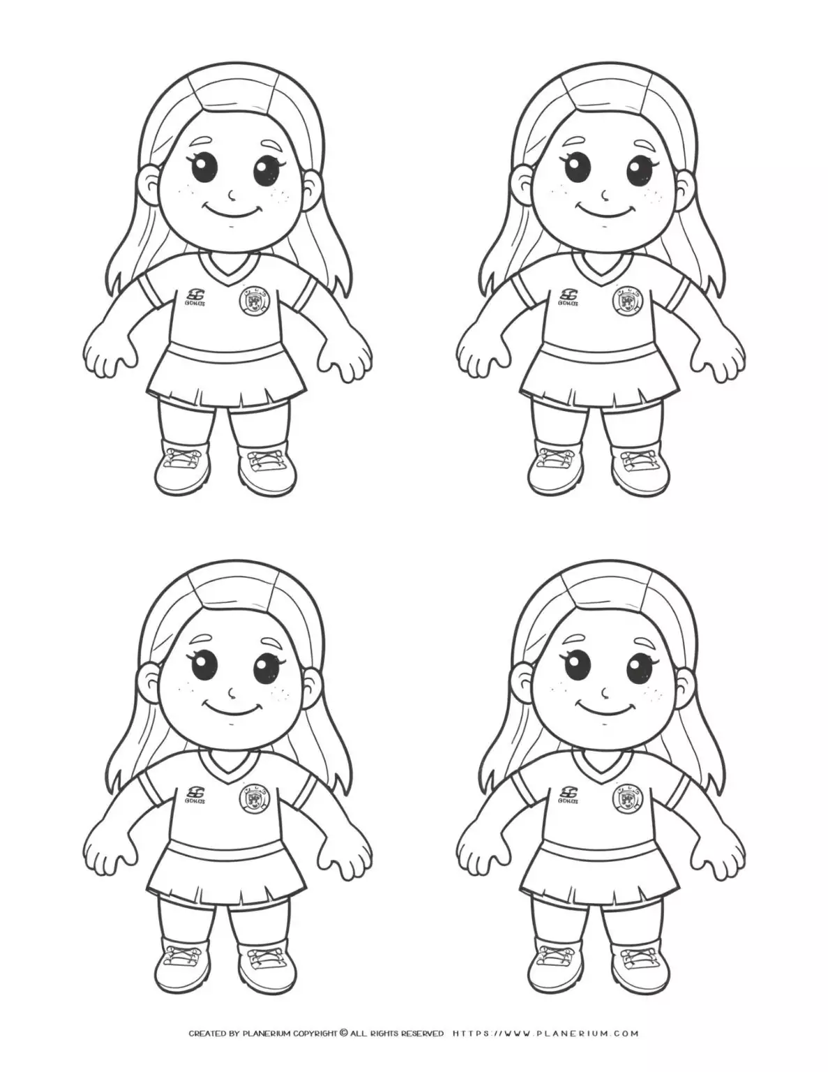 4 Identical Comic Soccer Girls Players Standing Outline
