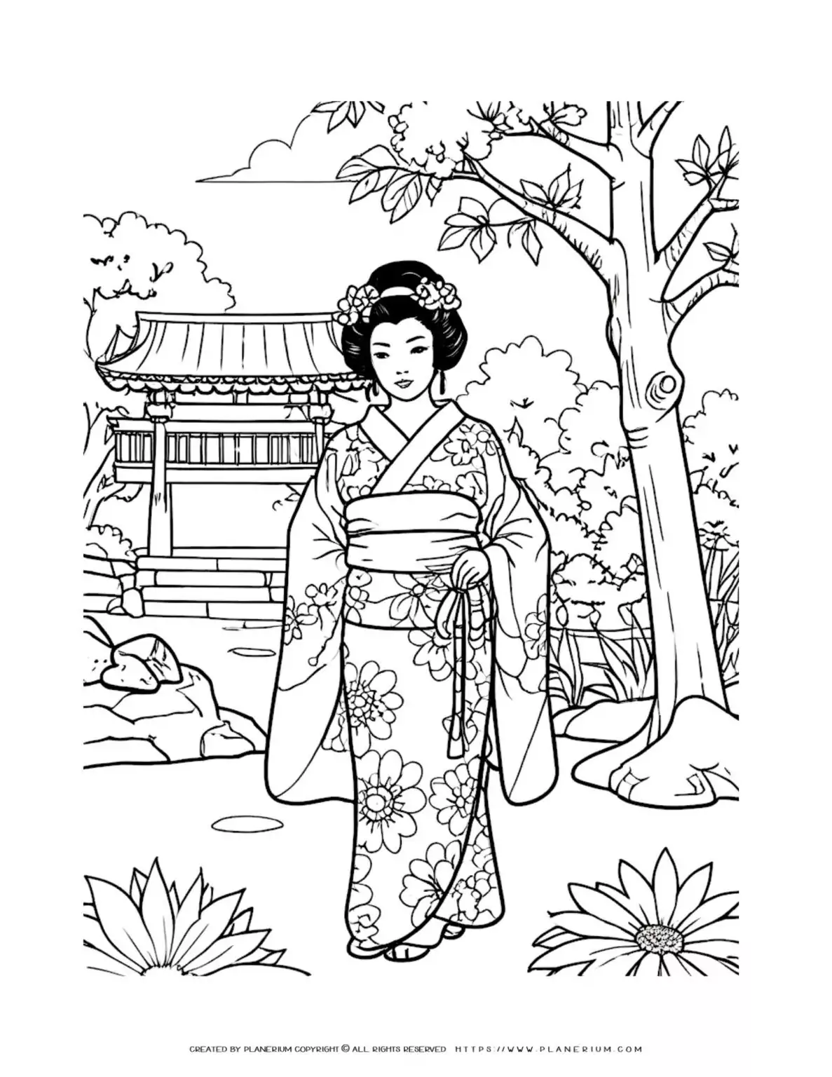 Relax with a Geisha Garden Coloring Page for All Ages
