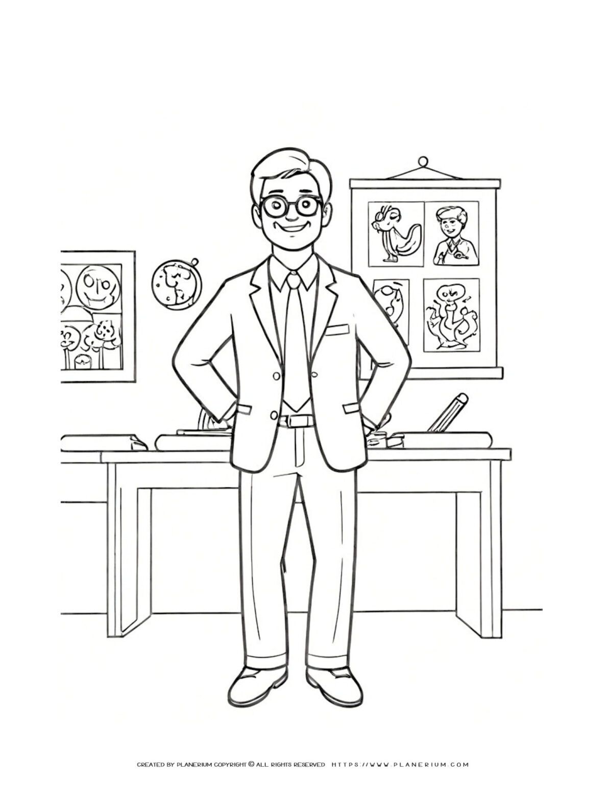 Happy Male Teacher Coloring Page - Classroom Background Comic