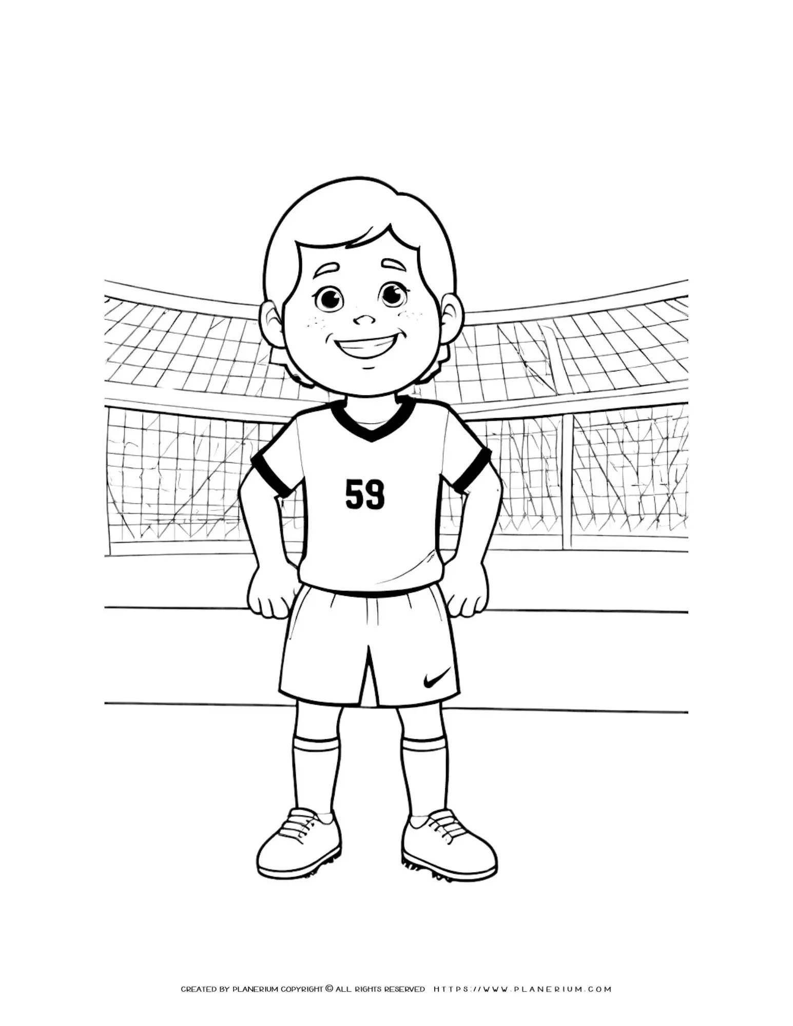 Happy Soccer Boy Coloring Page - Soccer Field Illustration