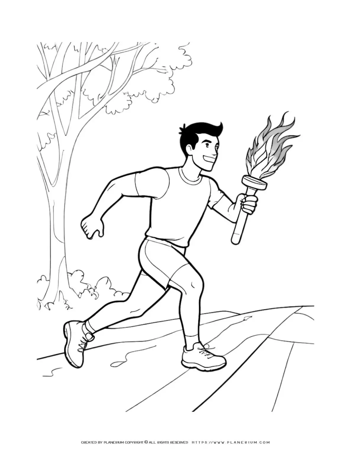 Male Running with Olympic Torch in Nature Coloring Page